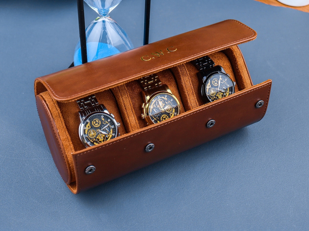 Personalised Leather Watch Case, Watch Roll for 3 Watches, Customized ...