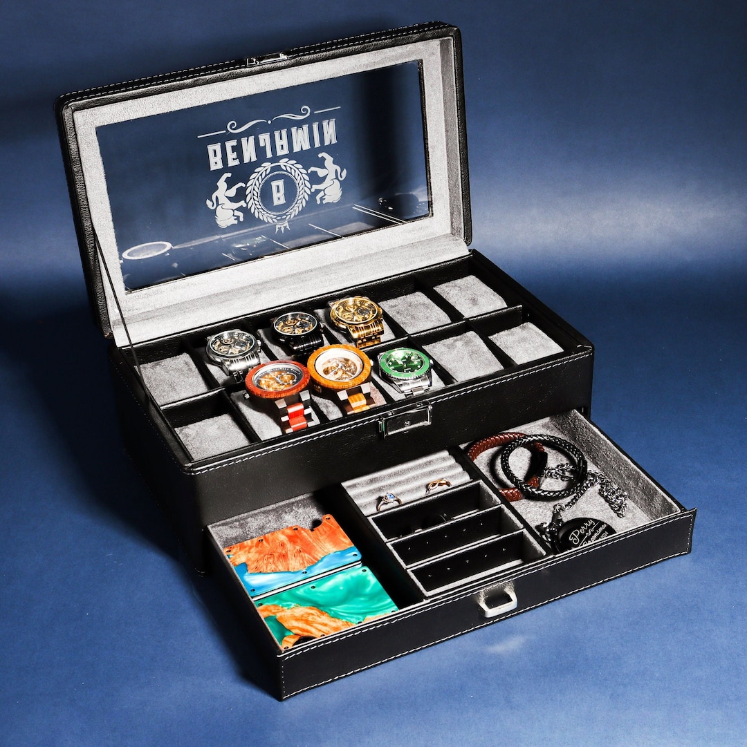 Personalized Black Watch Box - Multifunctional Watch Box, Men's Gift ...