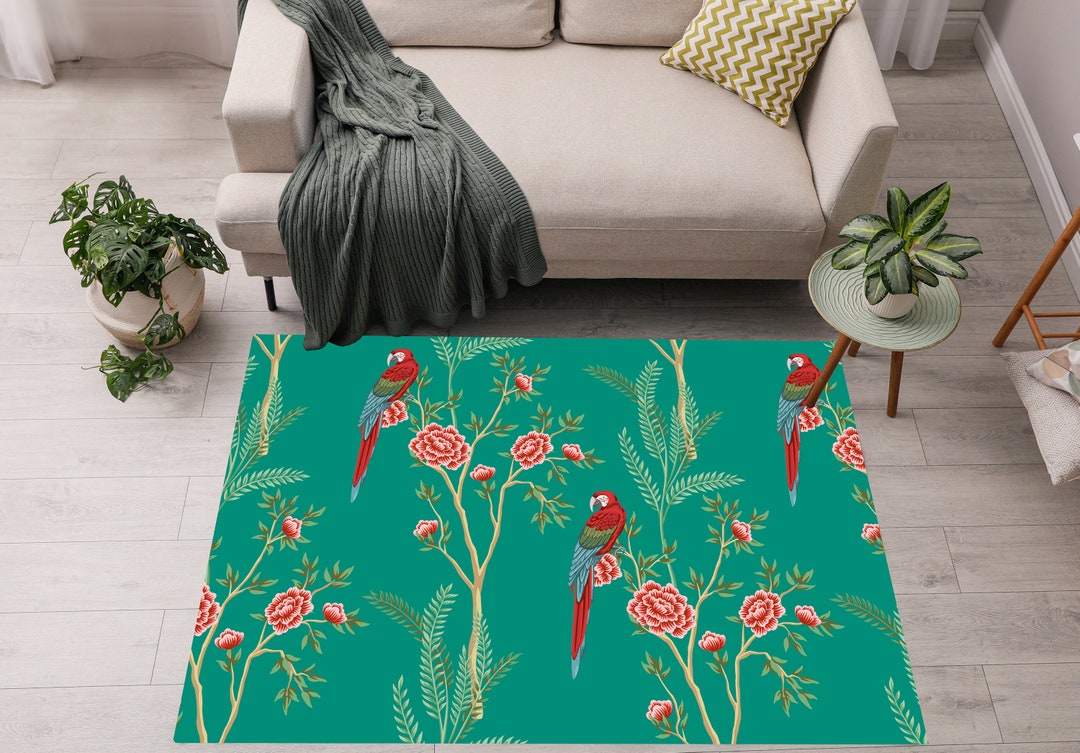 Bird Rugs, Green and Red Rugs, Parrot Area Rug, Oriental Rug, Tropical ...