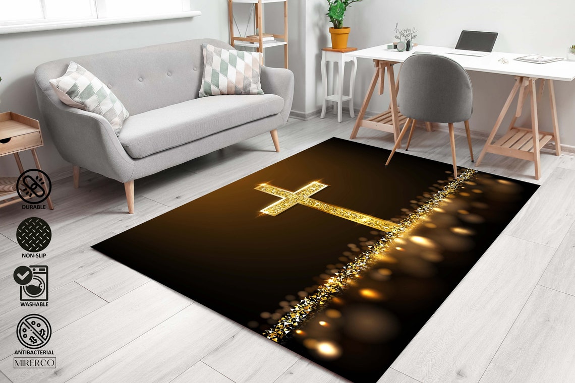 Church Decor Rug, Christian Cross Design Rug, Catholic Gold Glitter ...