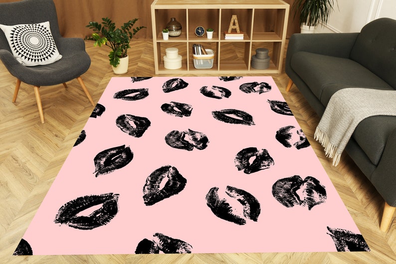 Pink and Black Rugs, Black Lips Pattern on Pink Rug, Pink Area Rugs ...