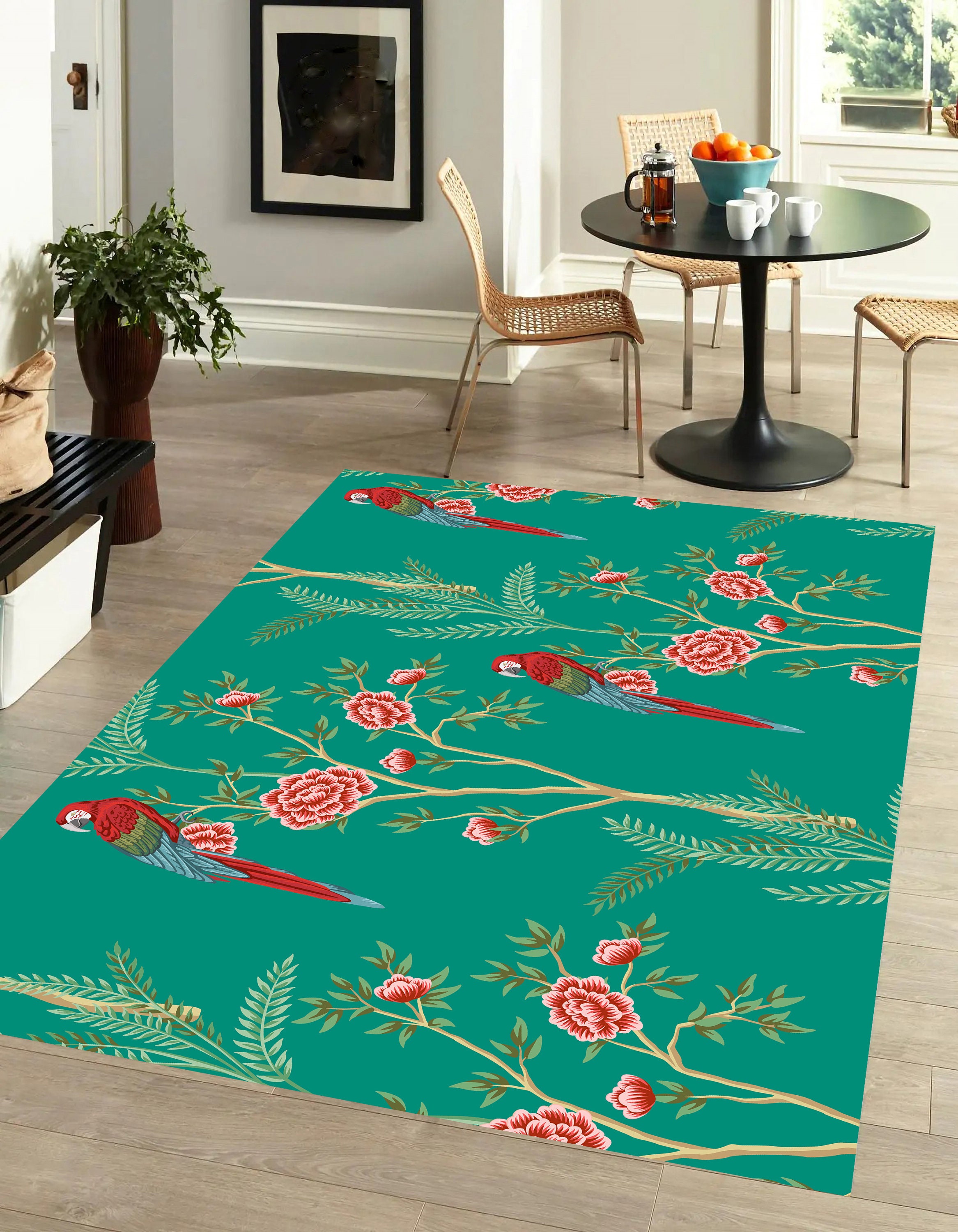 Bird Rugs, Green and Red Rugs, Parrot Area Rug, Oriental Rug, Tropical ...