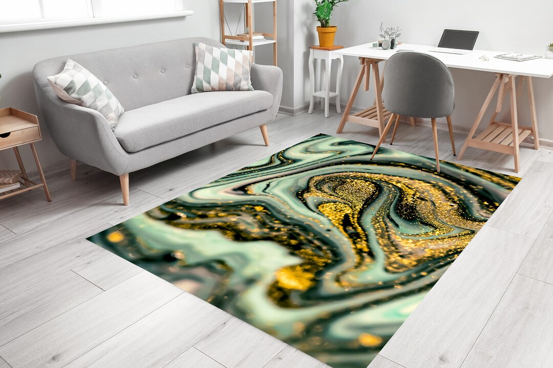 Geode Rugs, Green and Gold Area Rugs, Green Agate Rug, Luxurious Marble ...