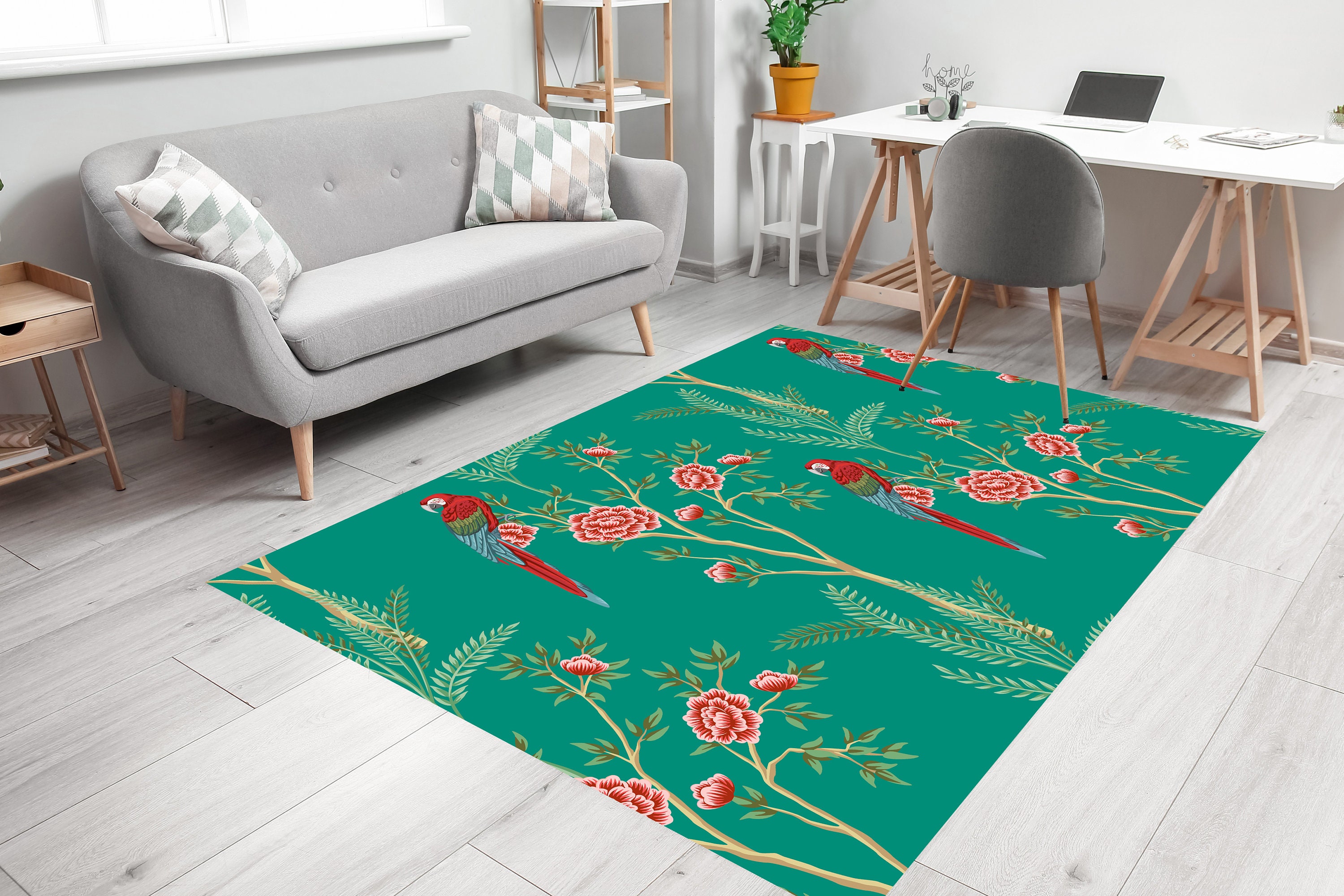 Bird Rugs, Green and Red Rugs, Parrot Area Rug, Oriental Rug, Tropical ...