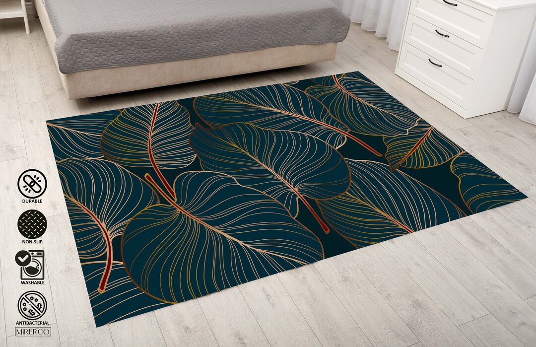 Nature Green and Luxury Gold Area Rug, Floral Pattern Line Art Carpet ...