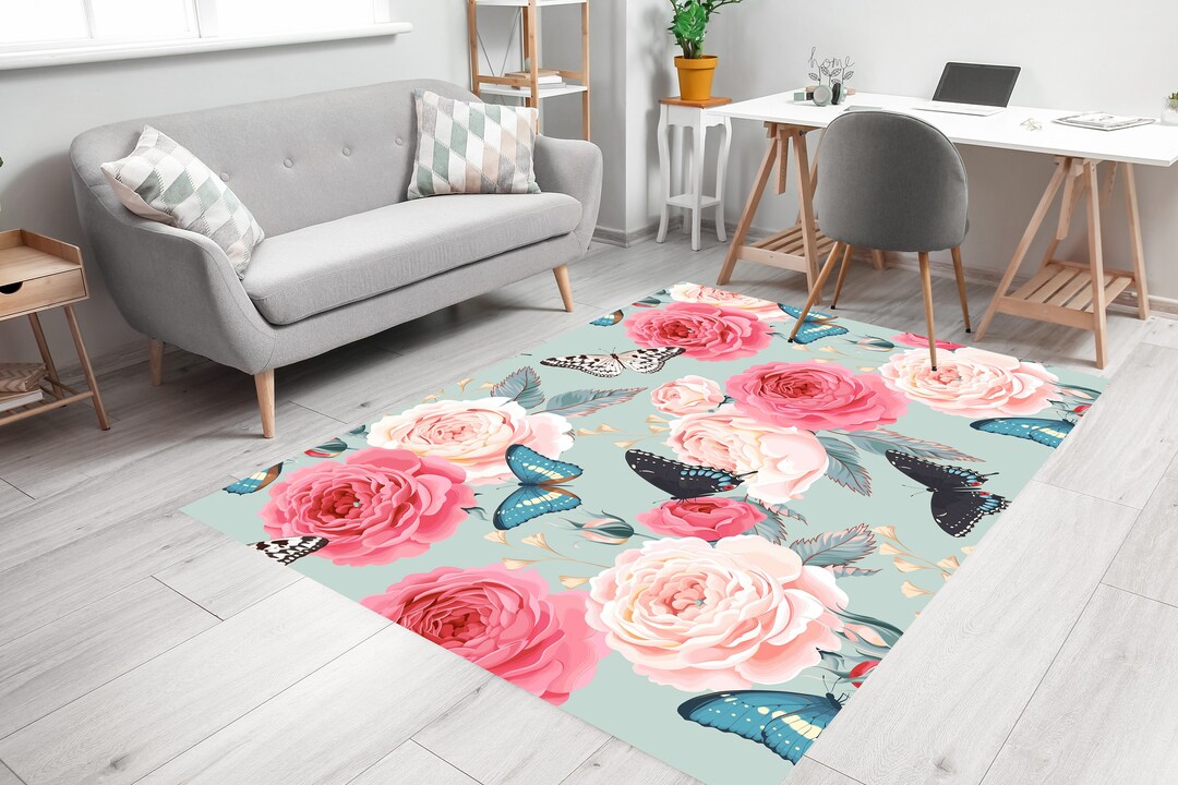 Mint and Pink Rug, Roses Area Rug, Floral Area Rug, Chic Roses Large ...