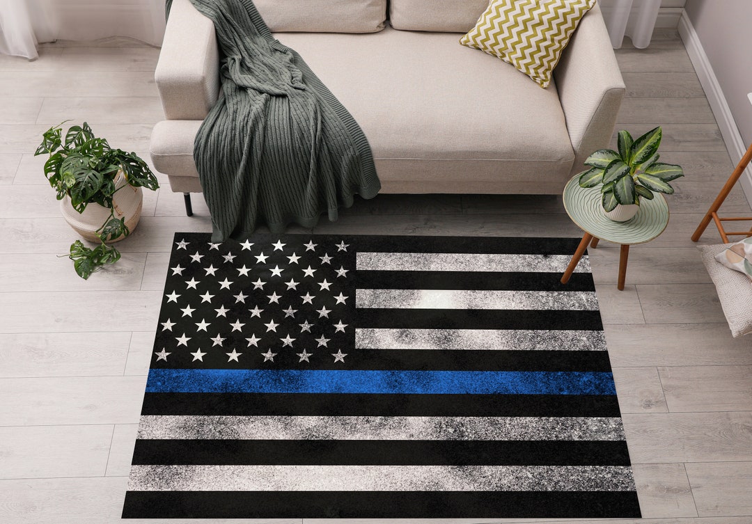 Police Support USA Flag Area Rug, Police Rugs, Black White and Blue ...
