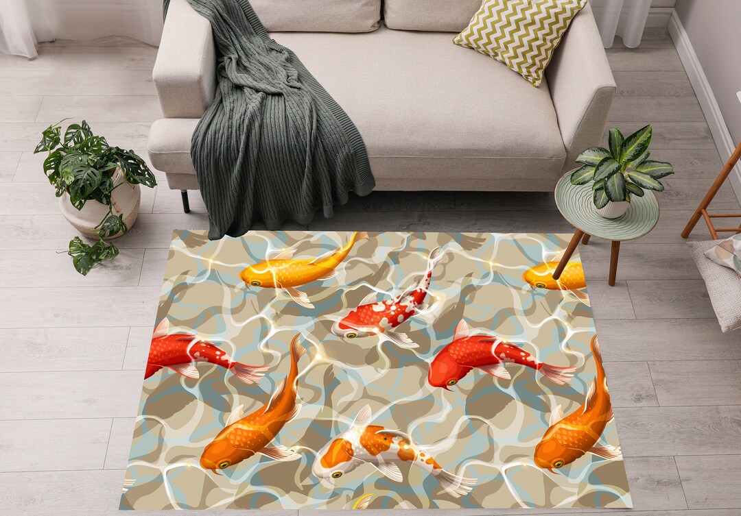 Koi Fish Rugs, Koi Carps Swimming Area Rug, Japanese Rug, Beige Orange ...