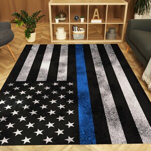 Police Support USA Flag Area Rug, Police Rugs, Black White and Blue ...