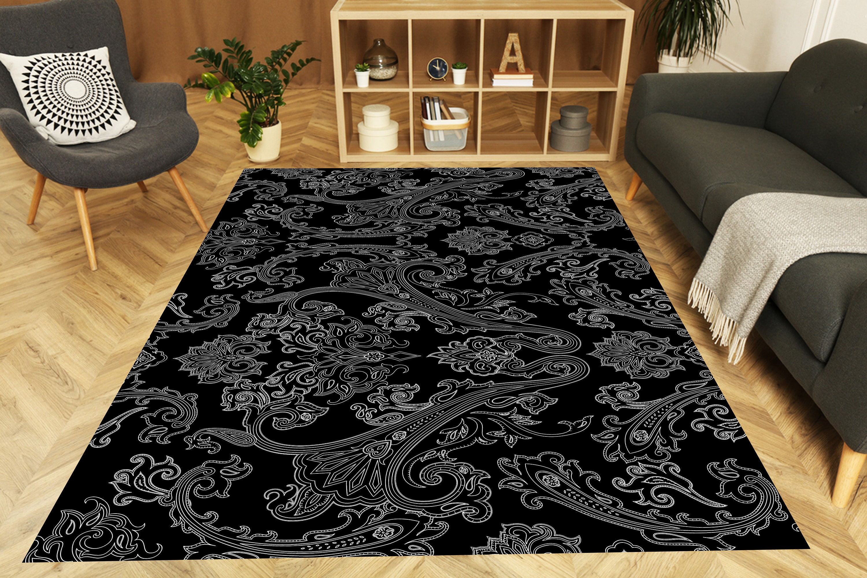 Damask Pattern Rugs Black Pattern Rug Black Damask Rugs - Etsy