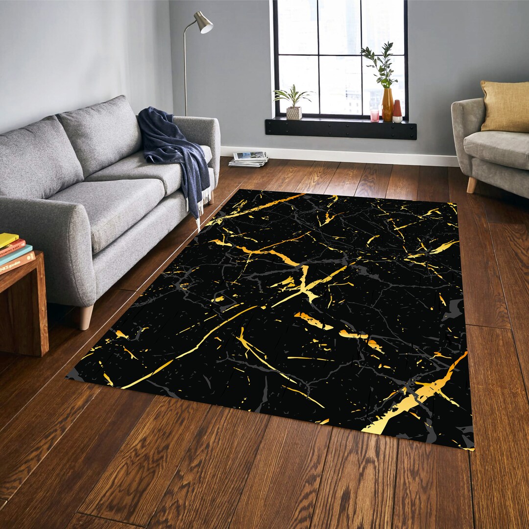 Black and Gold Rug, Contemporary Area Rug, Black With Matte Gold Veins ...