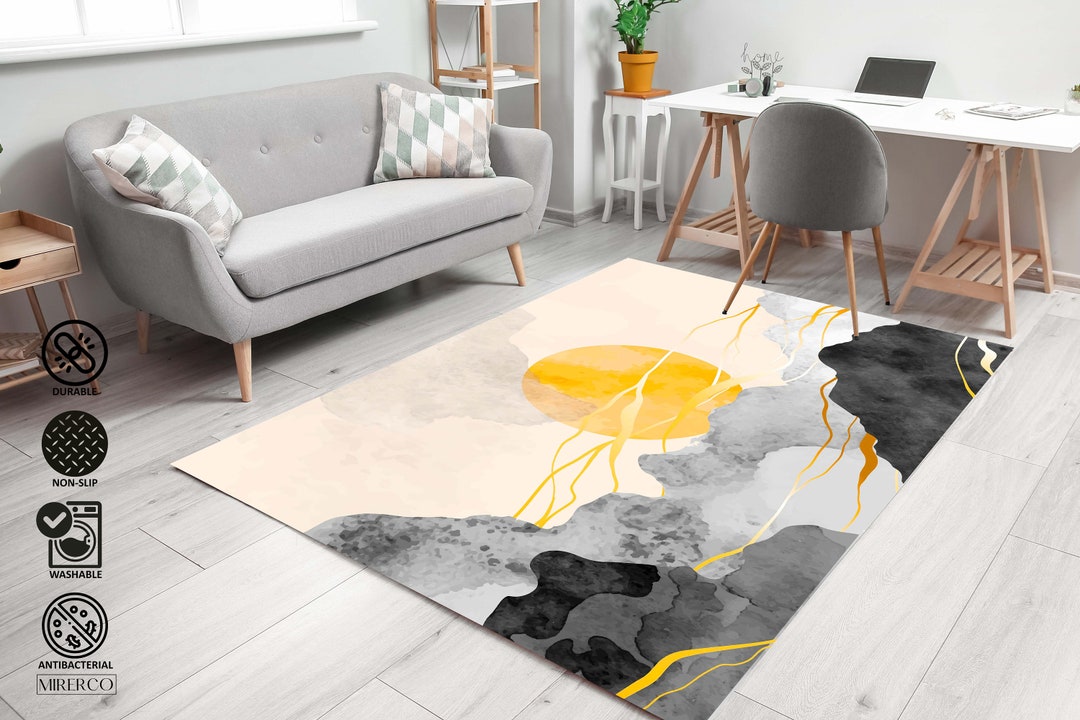 Mountain Line Art Rug, Sun and Mountains Area Rug, Luxury Gold Style ...