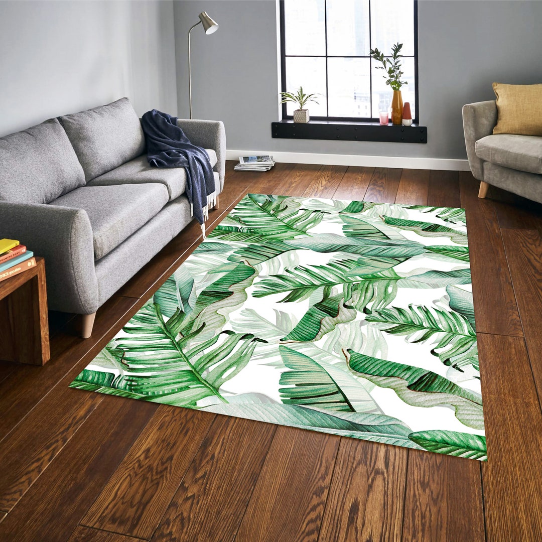 Palm Tree Rug, Tropical Leaf Rug, Green and White Area Rug, Tropical ...
