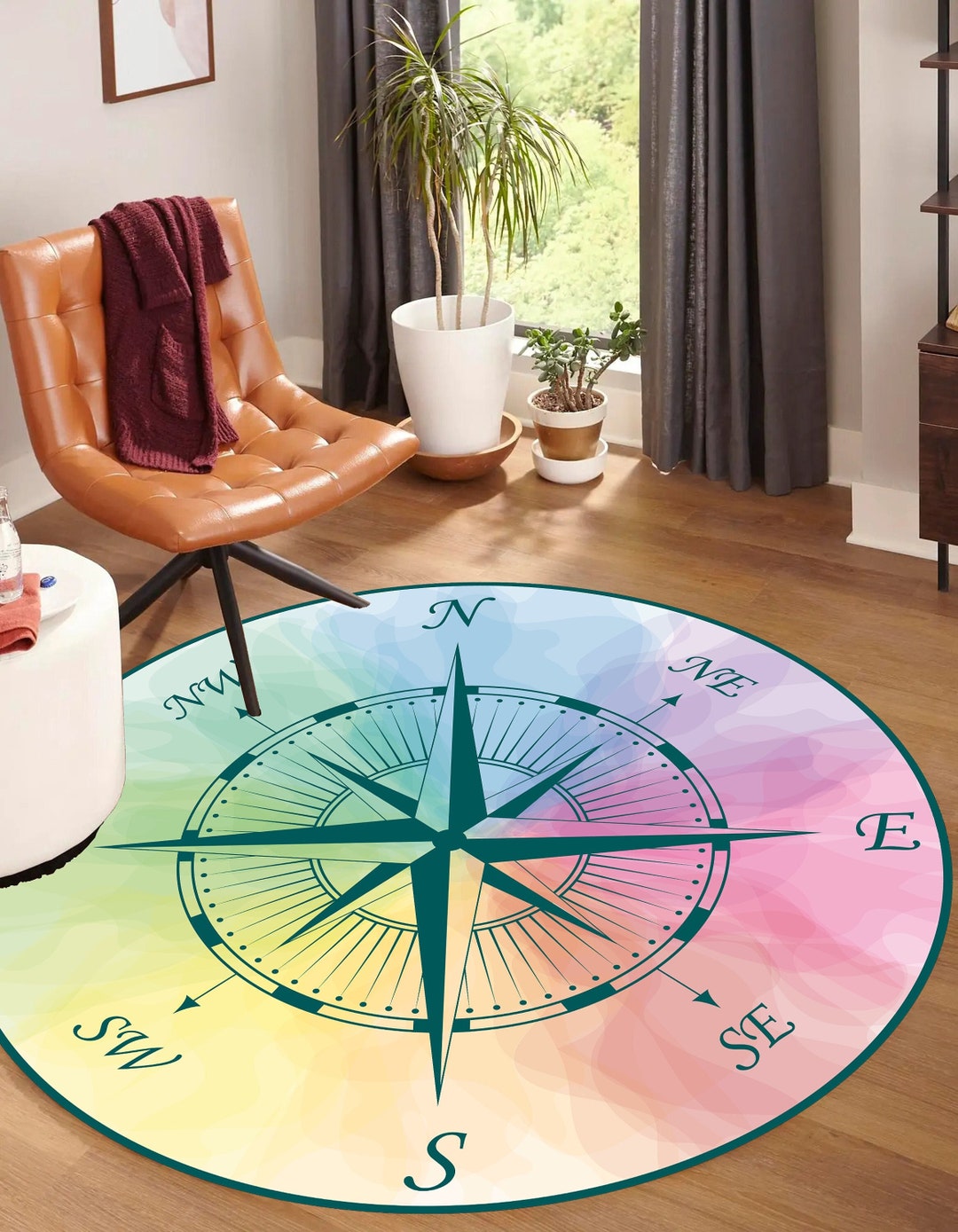 Custom Compass Rug, Colorful Compass Round Rug, Yatch Circle Rug, Gamer ...