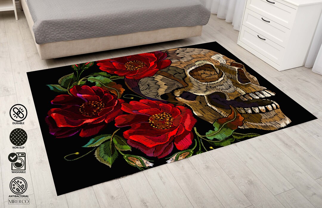 Red Roses Rug, Skull Rug, Gothic Art Area Rug, Skull and Red Roses ...