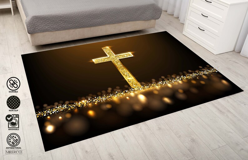 Church Decor Rug, Christian Cross Design Rug, Catholic Gold Glitter ...