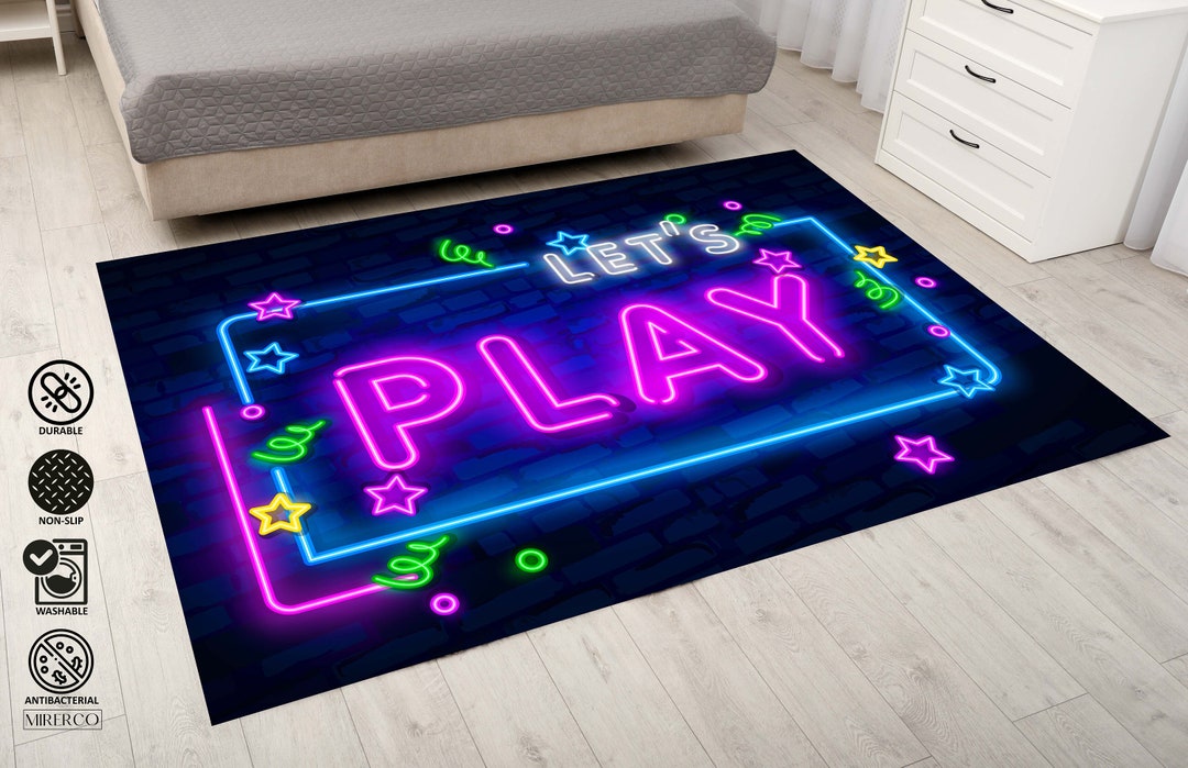 Lets Play Neon Rug, Lets Play Area Rug, Neon Design Style Rug, Game ...