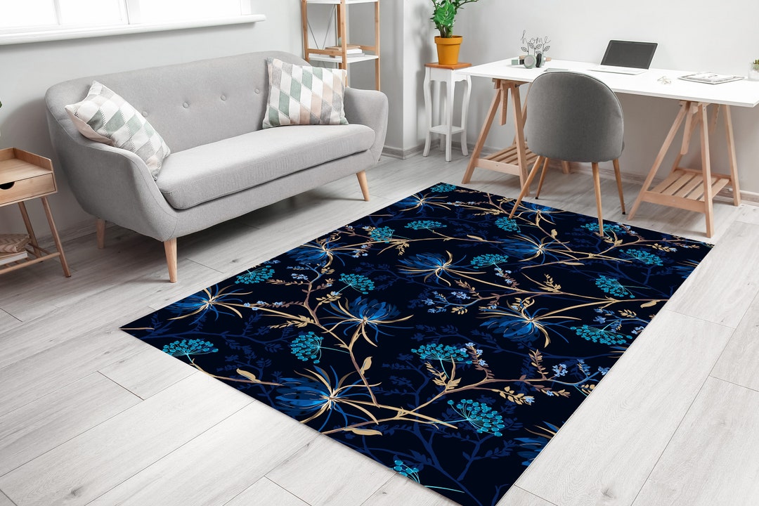 Floral Area Rugs, Flowers Area Rug, Blue Floral Accent Rug, Dark Floral ...