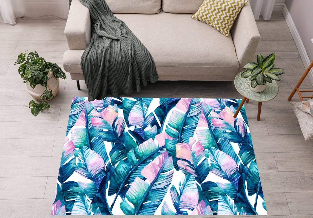 Teal Pink and White Area Rugs, Banana Leaf Rugs, Colorful Tropical ...