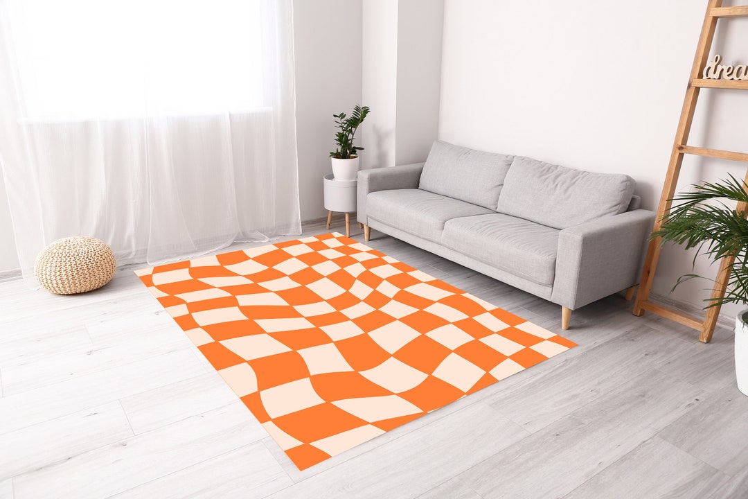 Orange Checkerboard Rug, Preppy Room Decor, Tangerine Checkered Rug ...