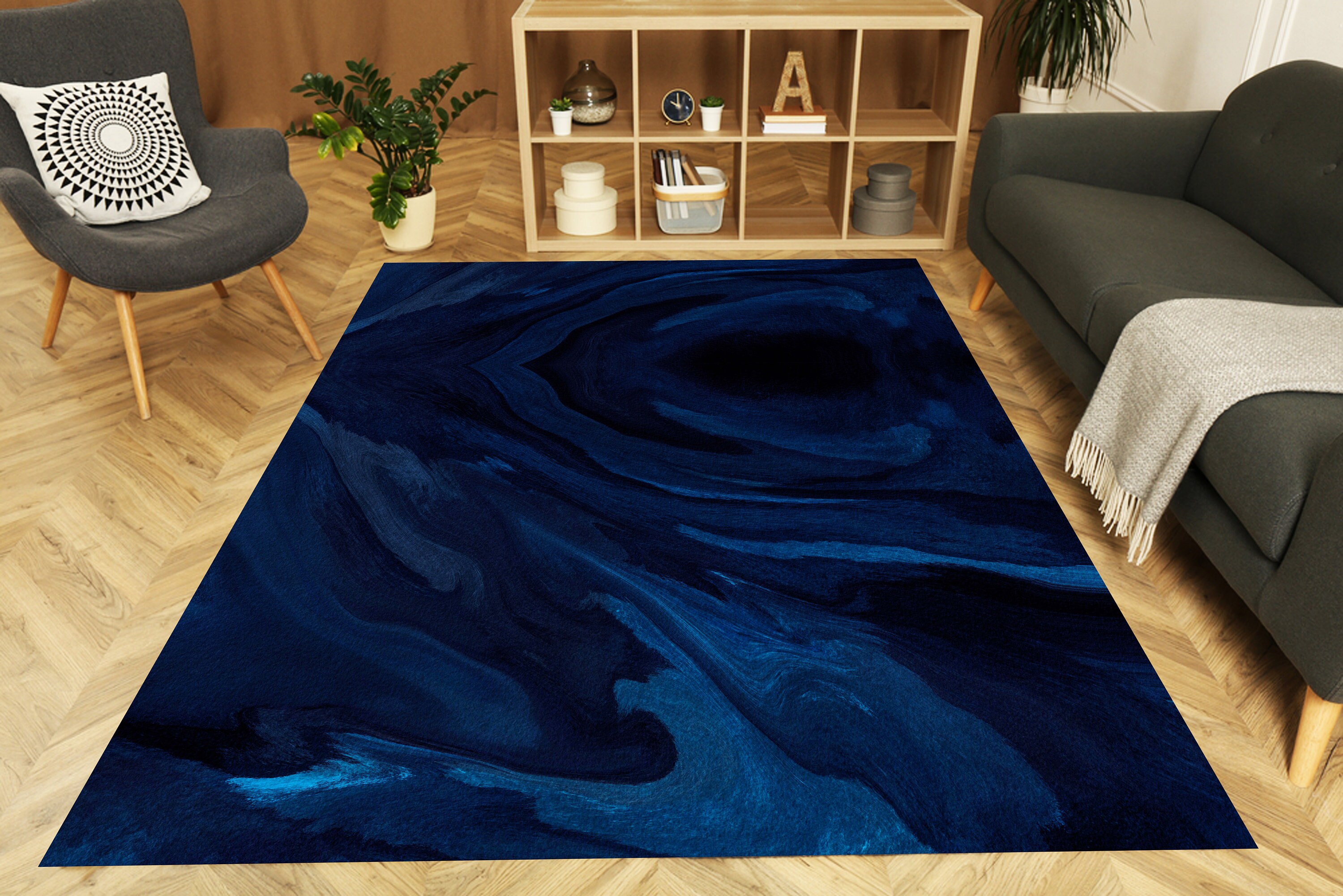 Dark Blue Area Rugs, Blue Ombre Waves Design Rug, Watercolor Rugs ...