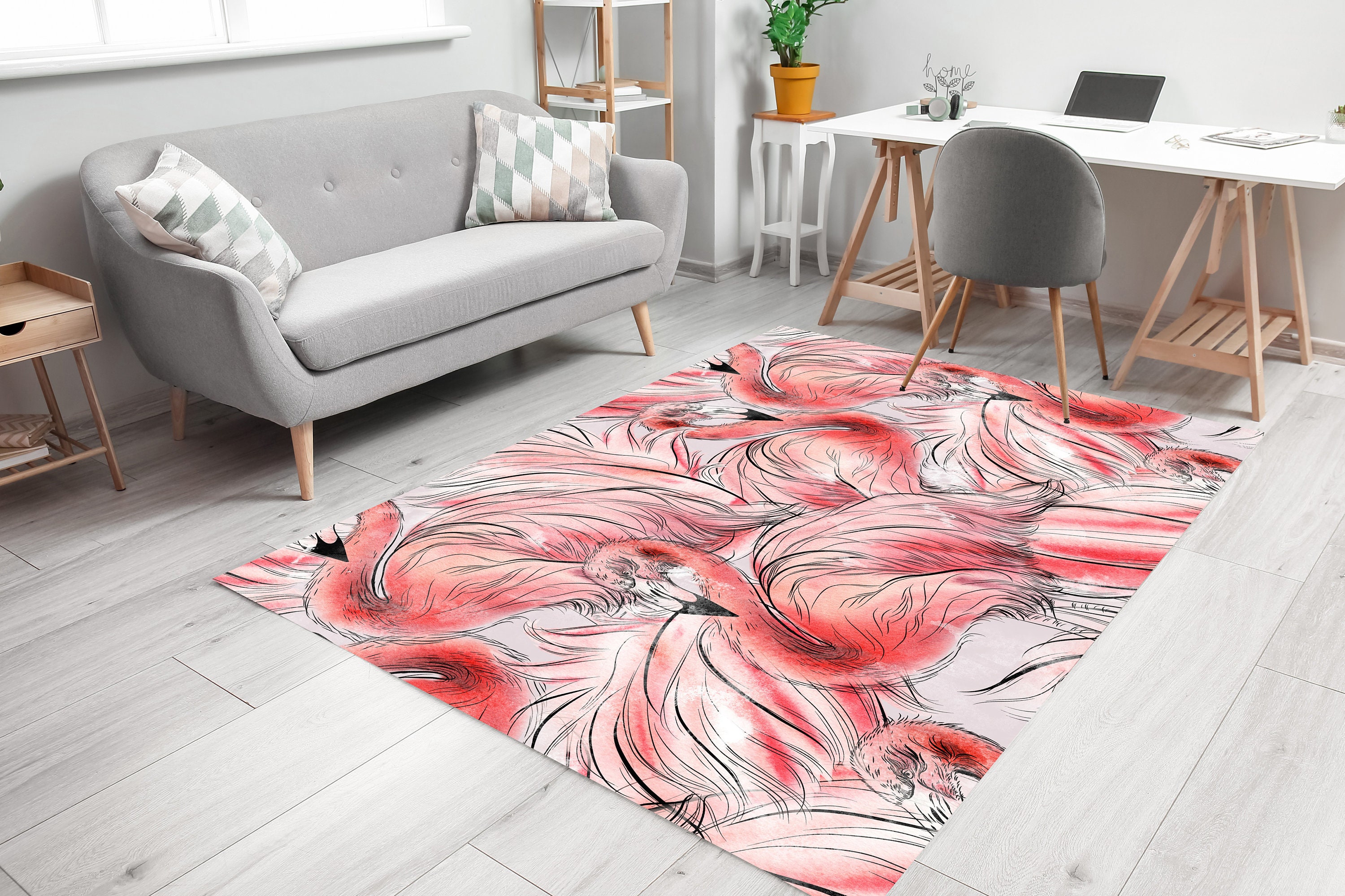Overlapping Flamingo Print Floor Mats, Light Pink Rugs, Blush and Black ...