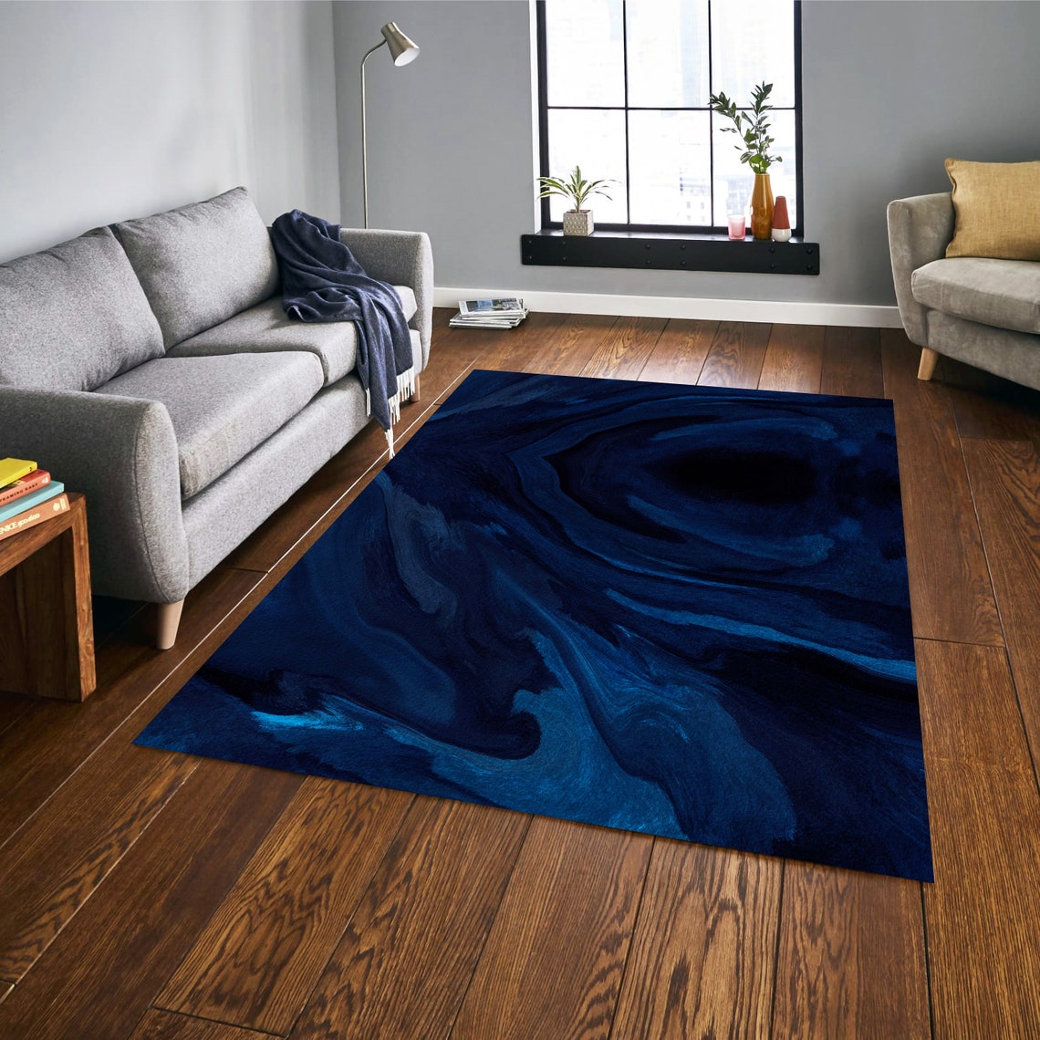 Dark Blue Area Rugs, Blue Ombre Waves Design Rug, Watercolor Rugs ...