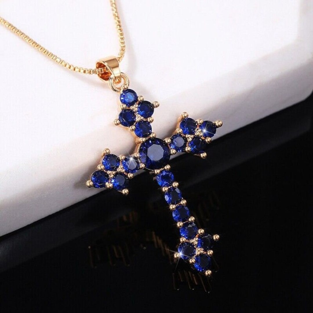 2.00 Ct Round Cut Blue Sapphire Cross Shape Wedding Women's Pendant 14k ...