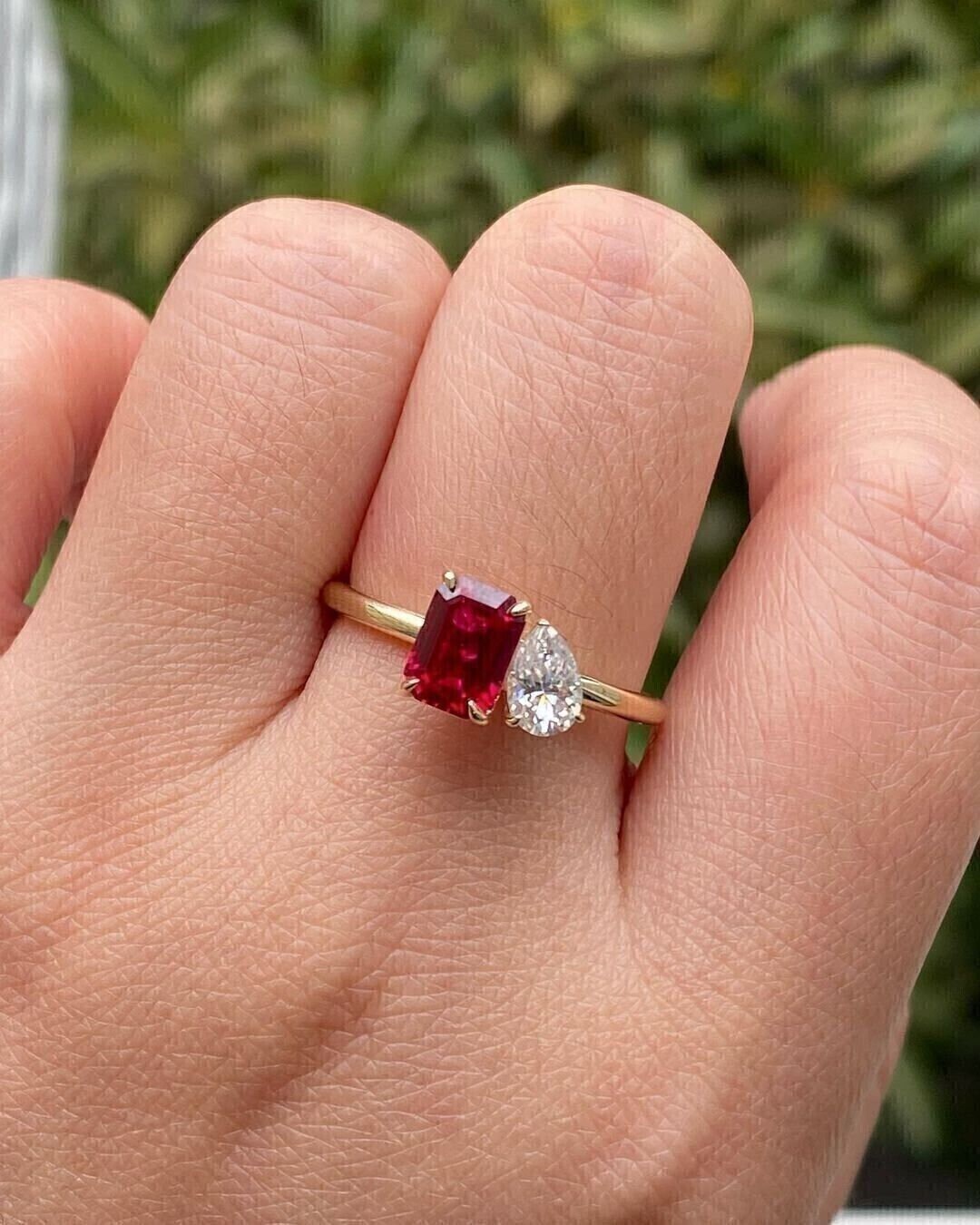 14K Yellow Gold Plated 2ct Emerald Cut Lab-created Red Garnet Engagement Ring - Etsy