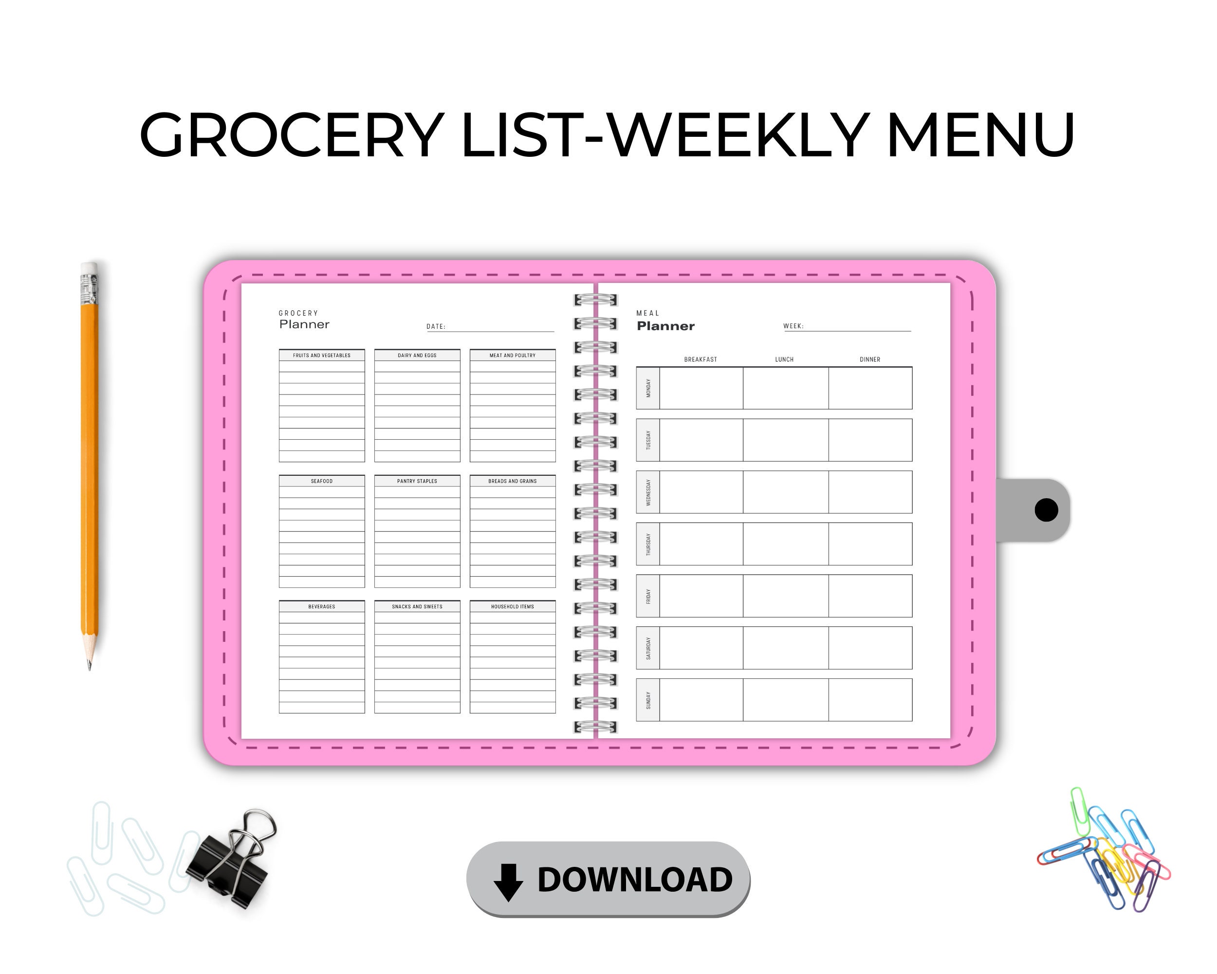 Grocery Log and Food Planner, Weekly Shopping List, Digital PDF File ...