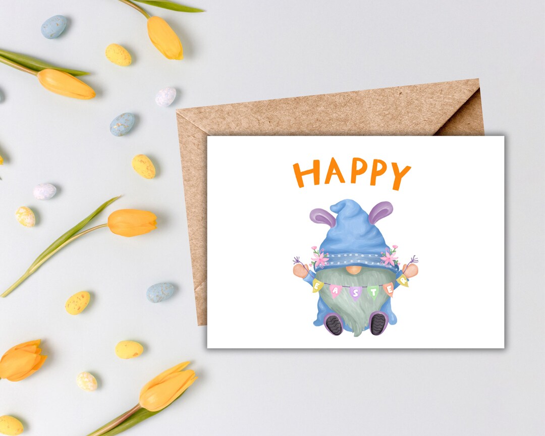 Printable Gnome Easter Card, Digital Easter Greeting Cards, Cute Happy ...
