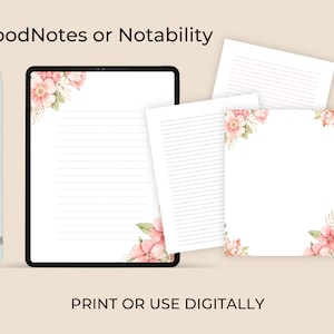 Floral Writing Paper, Lined & Unlined, Digital PDF, US Letter A4 A5 HP ...