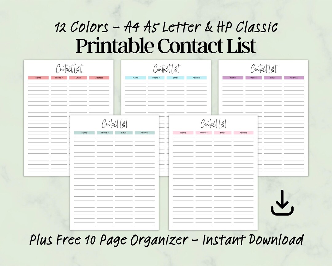Contact List, Address Book Pages, Digital PDF, US Letter A4 A5 HP ...