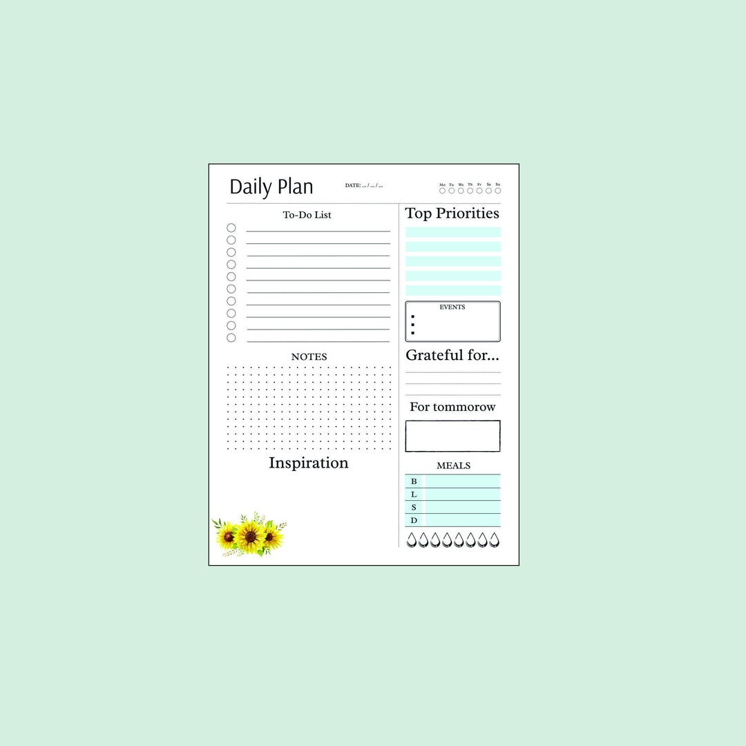 Sunflower Daily Planner, Printable Checklist Schedule, Instant Download ...