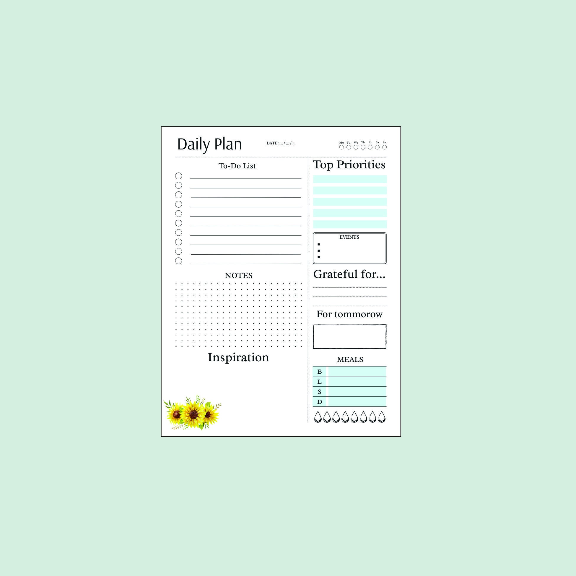 Sunflower Daily Planner, Checklist Schedule, Digital PDF, Us Letter ...