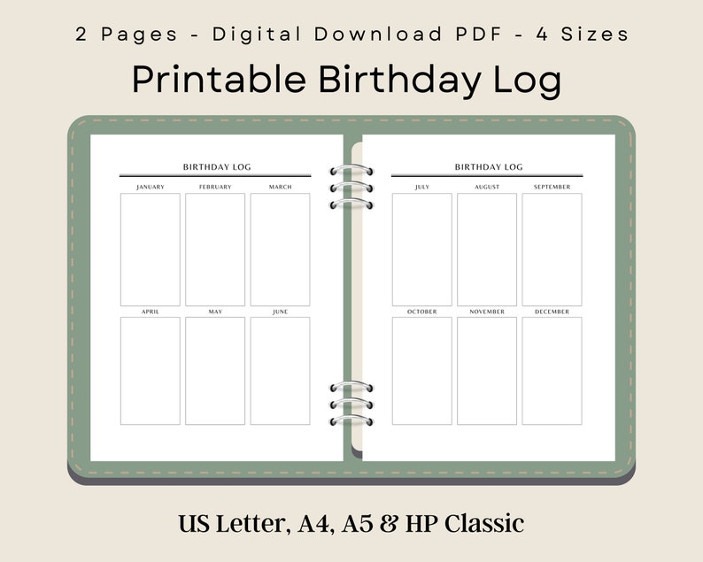 Birthday Calendar Tracker, Digital PDF, Us Letter A4 A5 & HP Classic - Etsy