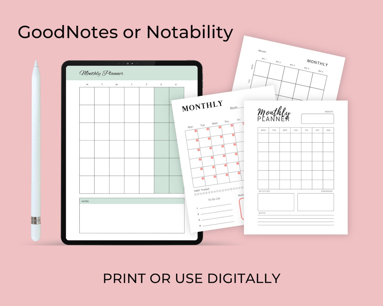 Blank Monthly Calendar Template, Digital Monthly Calendar Printable ...