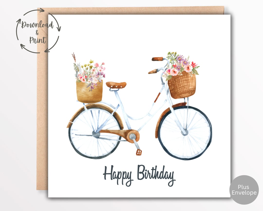 Floral Bicycle Birthday Card: Watercolor Bike Design (PDF) - Etsy UK