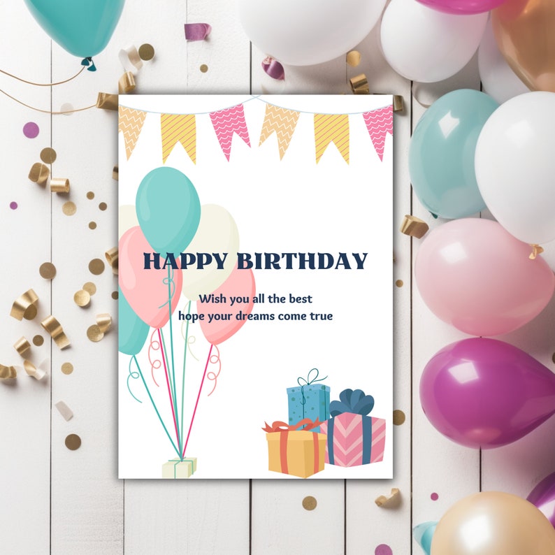 Balloon Birthday Card for Kids, Printable Greeting Card, Digital PDF ...
