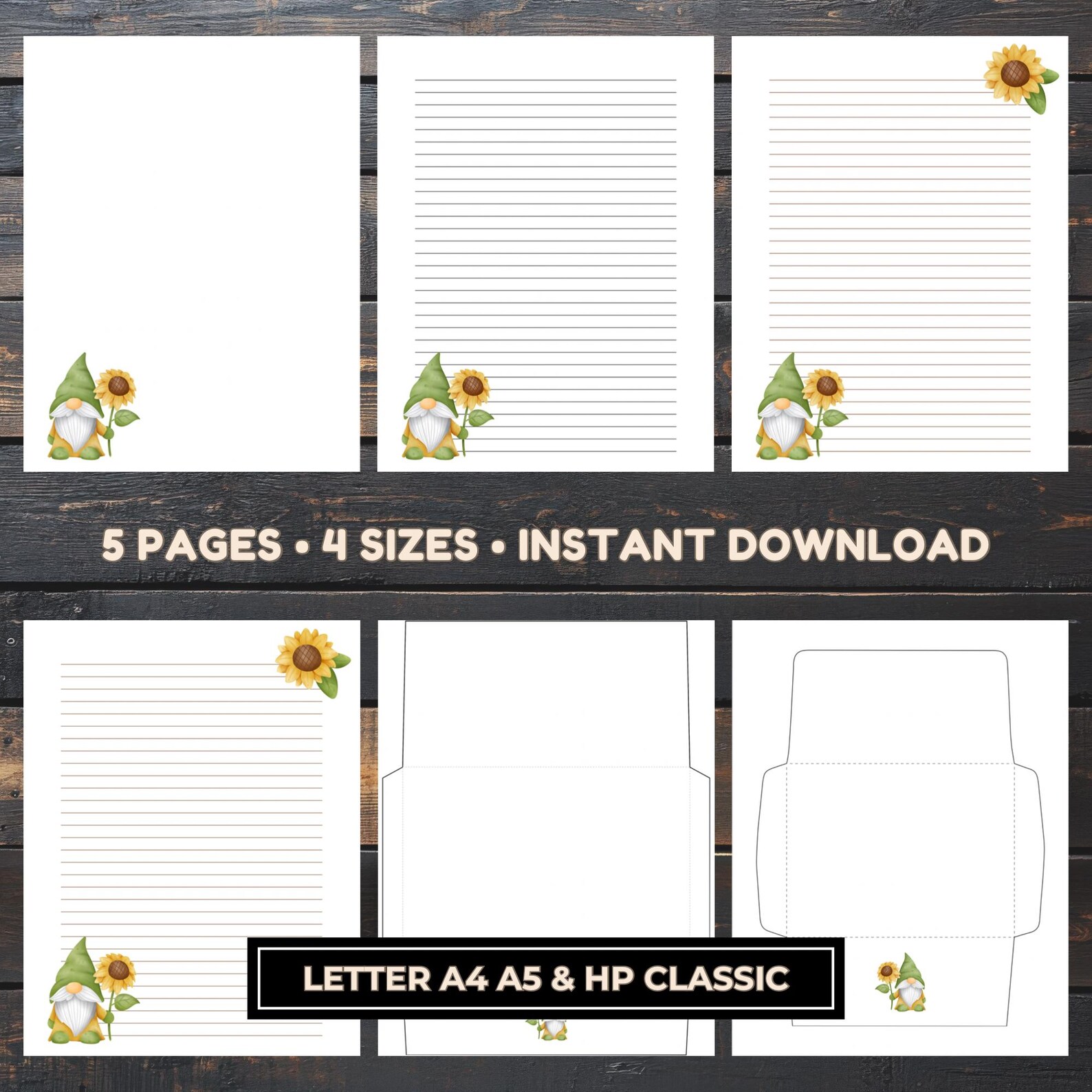 Gnome Stationery Set, Sunflower Writing Paper, Digital PDF, US Letter ...