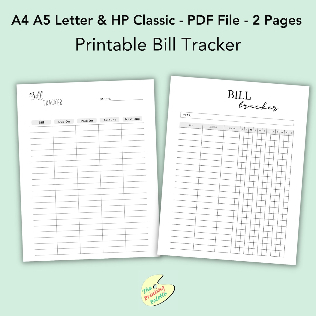 Monthly Bill Tracker Log, Payment Checklist, Digital PDF, US Letter A4 ...