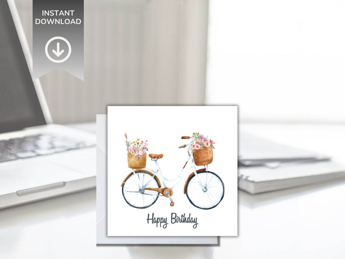Bicycle Birthday Card for Her, Bike Birthday Card Printable, Digital ...
