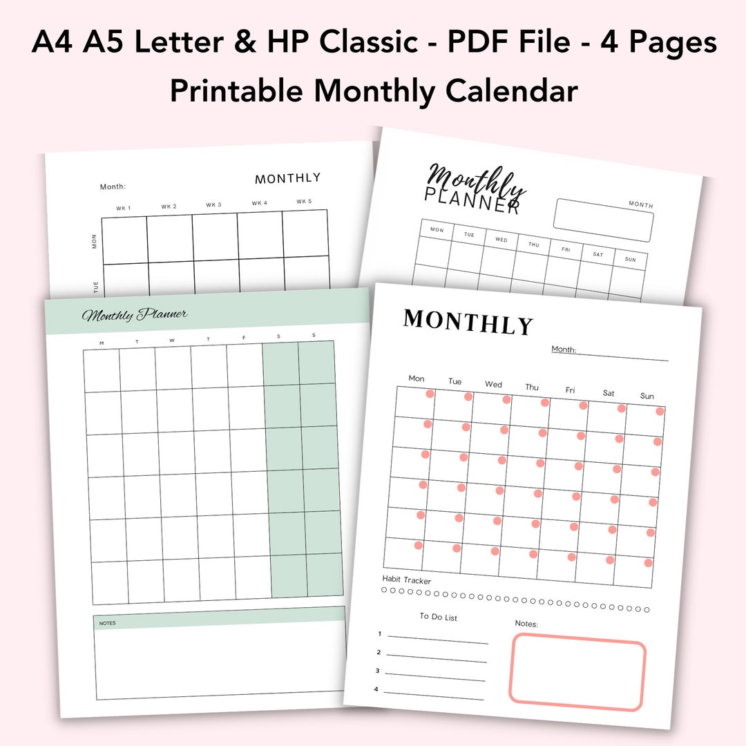 Blank Monthly Calendar Template, Digital Monthly Calendar Printable ...