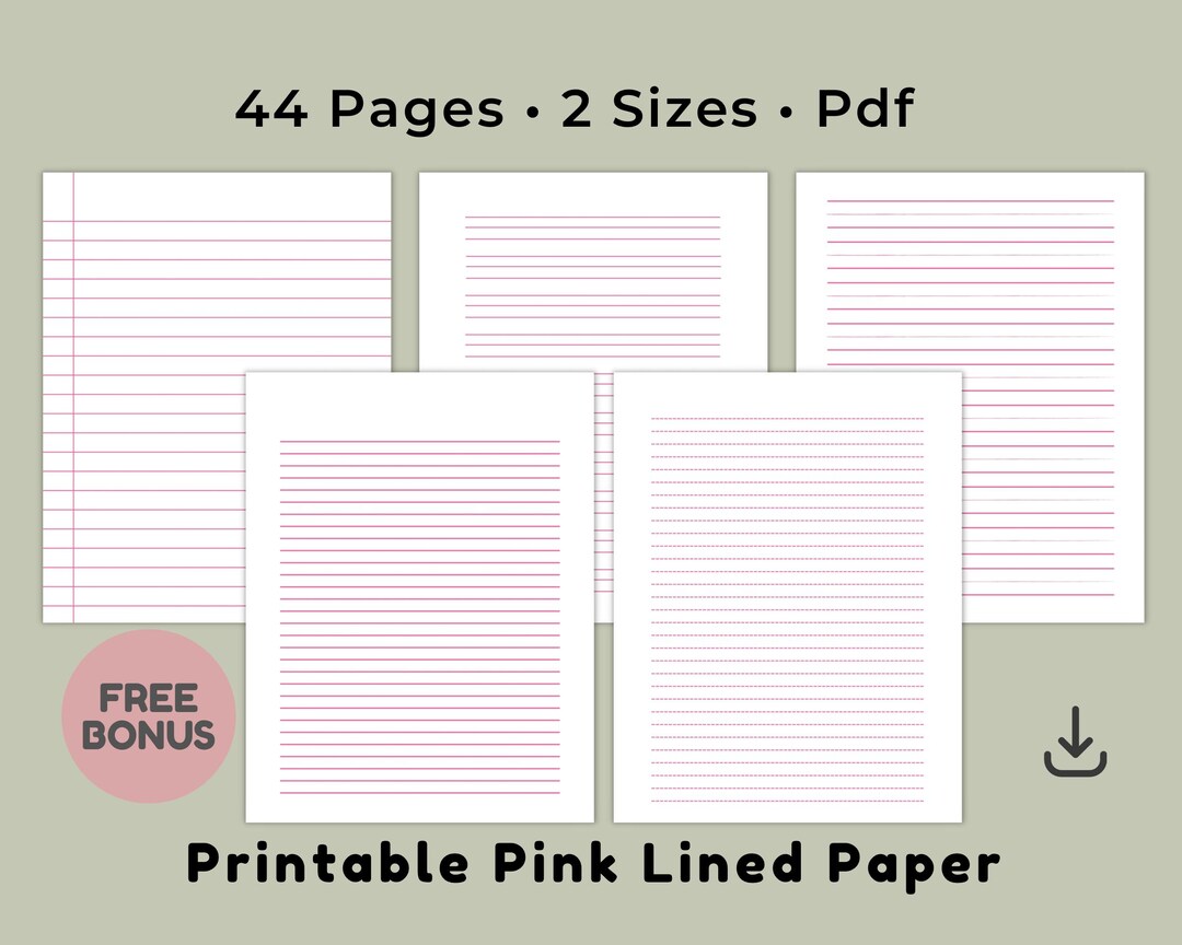 Pink Lined Writing Paper, College & Wide Ruled Paper Set, Digital PDF ...