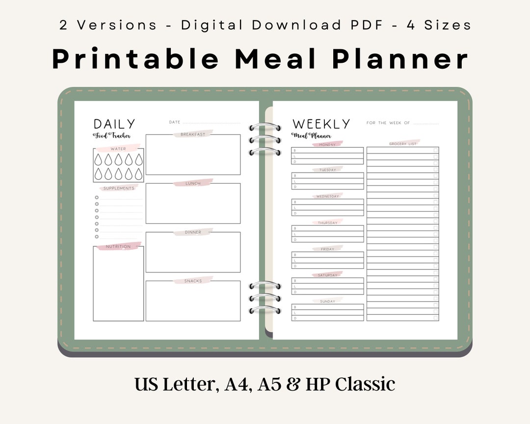 Printable Meal Planner Weekly, Digital Food Log Diary, Meal Prep ...