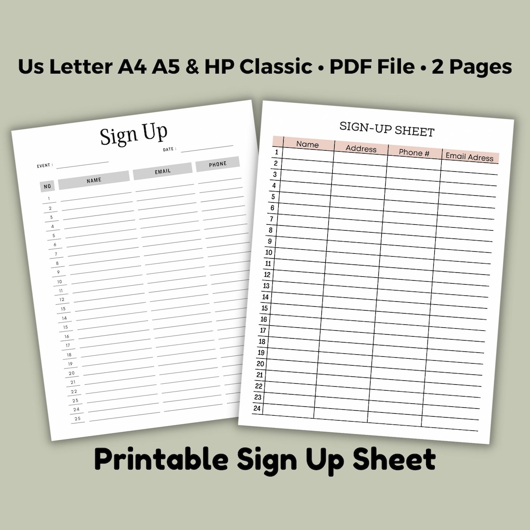 Sign up Sheet, Digital PDF File, Event Registration Form, US Letter, A4 ...
