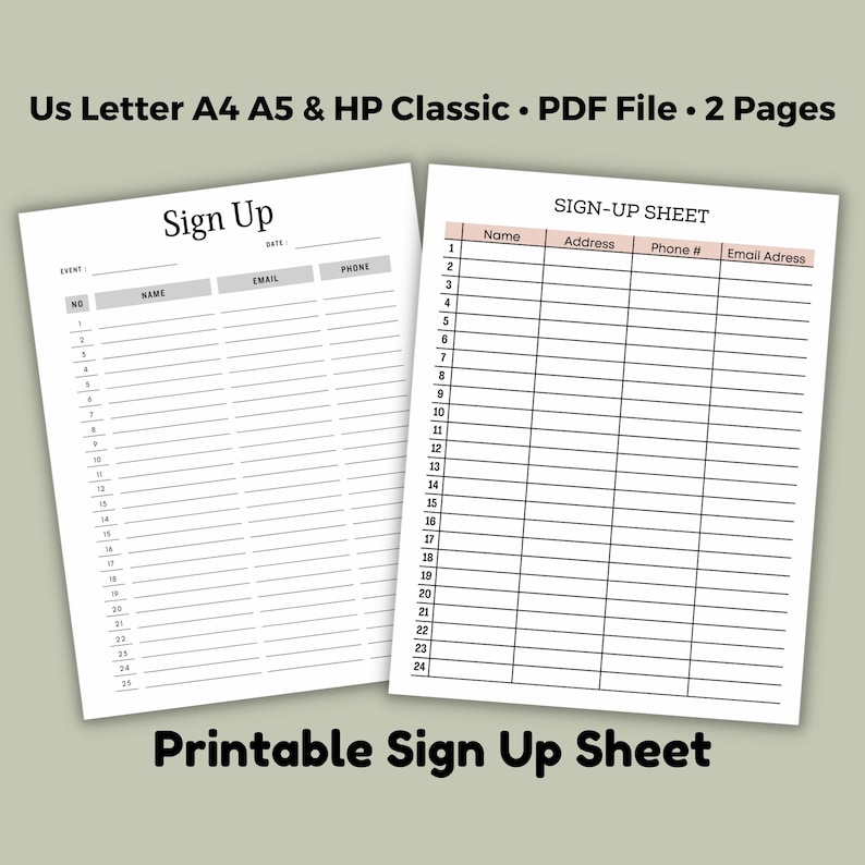 Sign up Sheet, Digital PDF File, Event Registration Form, US Letter, A4 ...