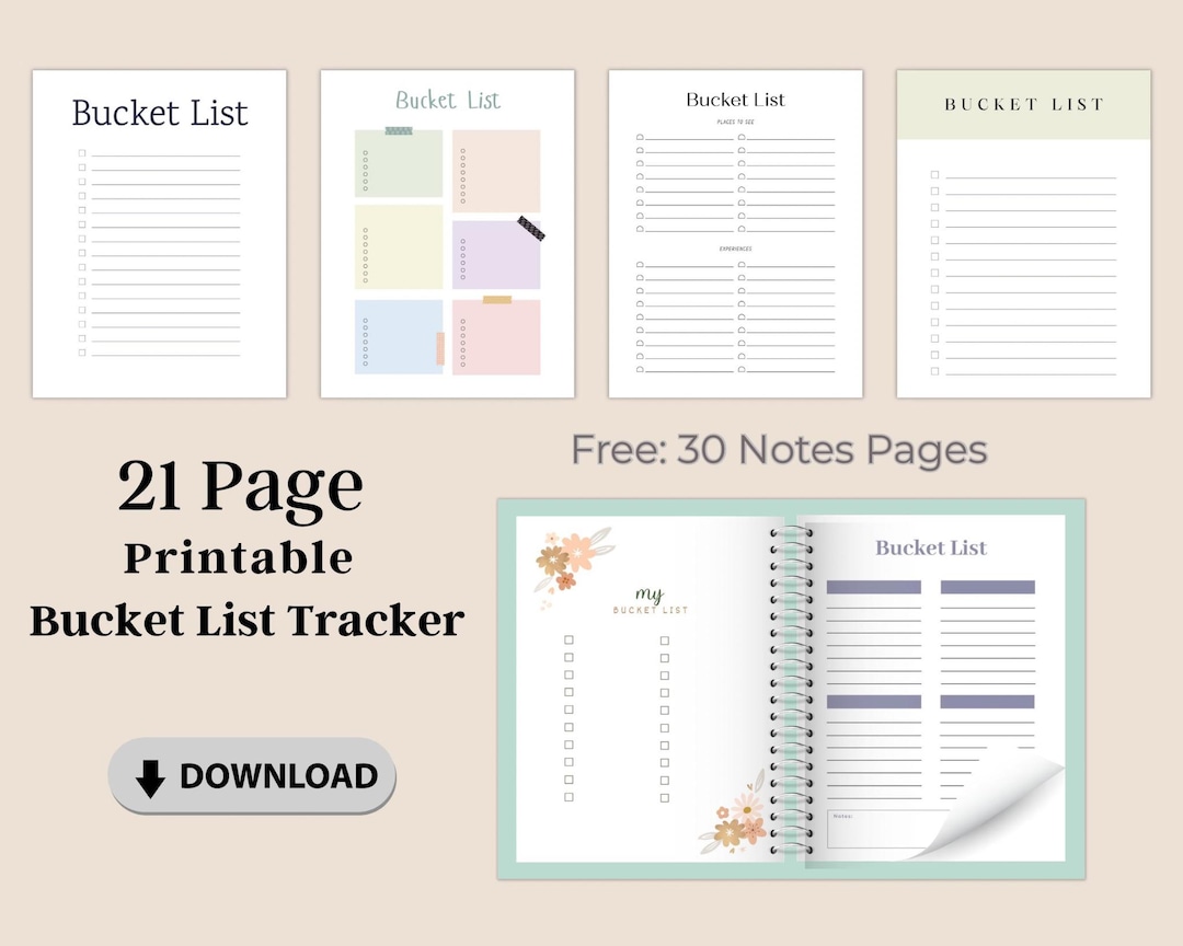 Bucket List Tracker Printable, Life Goals Planner, Digital Bucket List ...