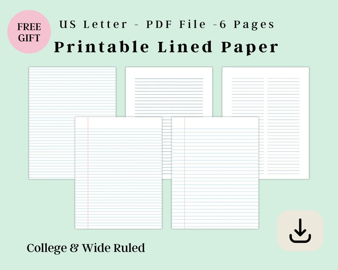 Printable Lined Paper PDF, College & Wide Ruled, US Letter Writing ...
