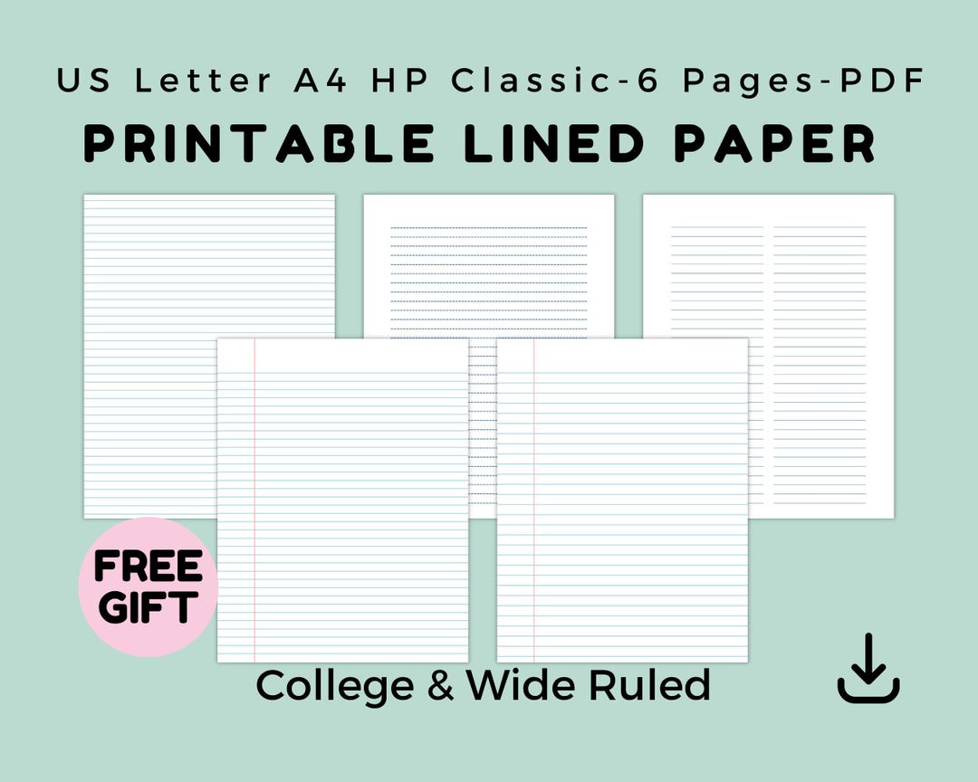 Lined Writing Paper, College & Wide Ruled Pages, Digital PDF, US Letter ...